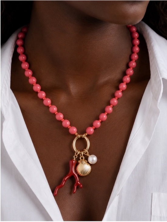 Anthropologie | Jewelry | New Coastal Pink Beaded Red Coral Shell Charm ...